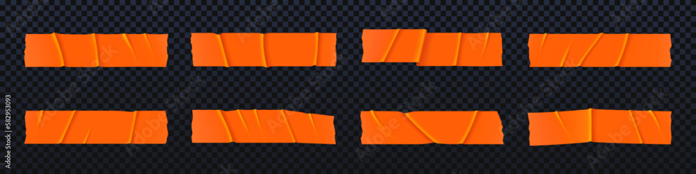 Realistic orange paper duct tape vector strip set. 3d ripped adhesive ...