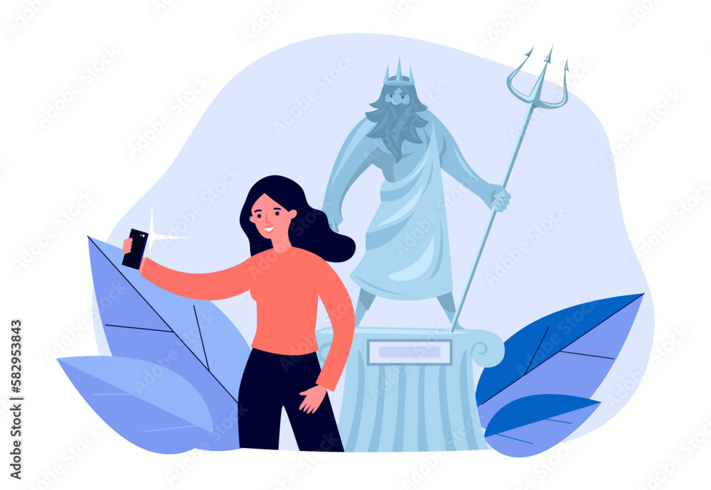 Smiling cartoon woman taking selfie with statue of Zeus. Young tourist ...