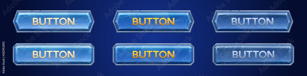 Medieval ui game scratched button with silver frame. Fantasy rpg title sign design on dark ...