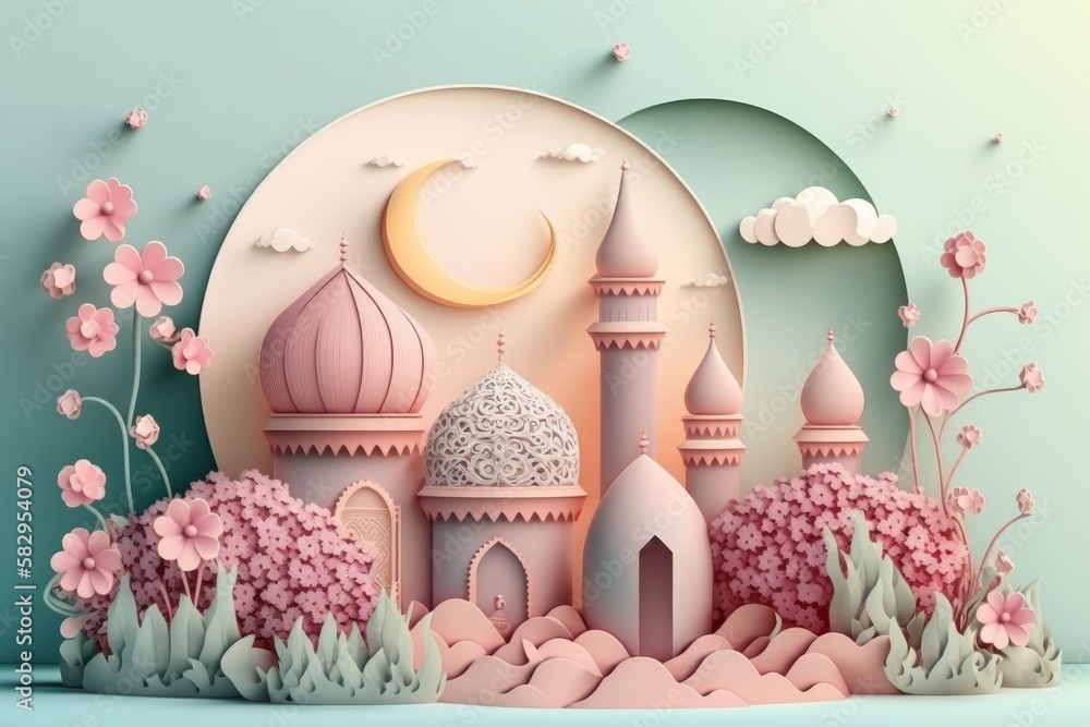 3d Paper cut art of a mosque with a moon and stars, Generative AI Stock ...