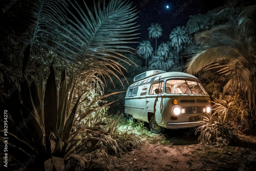 night campervan caravan vehicle for van life at night holiday on mobile ...