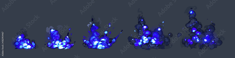 Cartoon animation set of blue explosion and smoke clouds isolated on ...