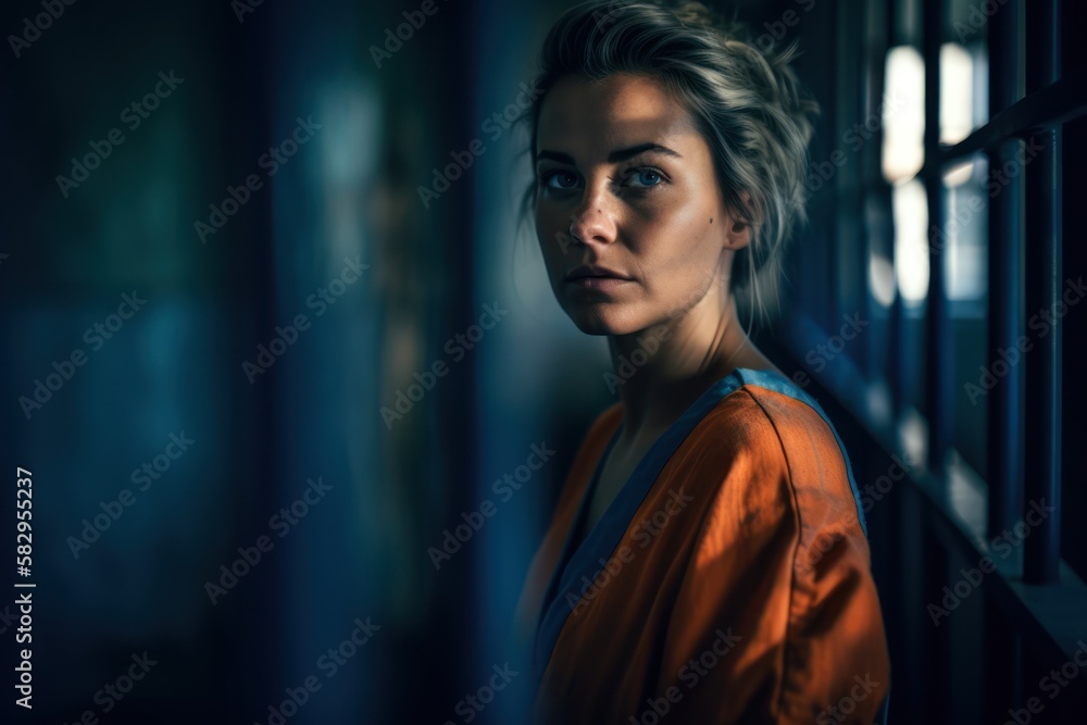 A woman in prison gazes out the window with a sad and lonely expression ...
