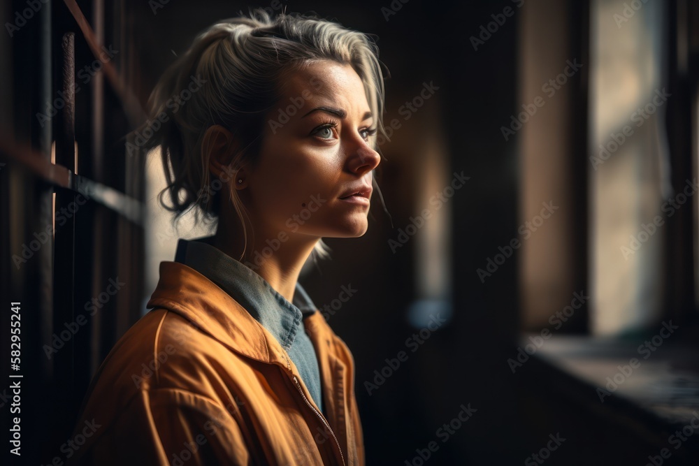 A woman in prison gazes out the window with a sad and lonely expression ...