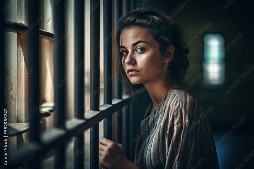 A woman in prison gazes out the window with a sad and lonely expression ...