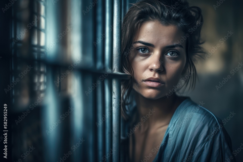 A woman in prison gazes out the window with a sad and lonely expression ...