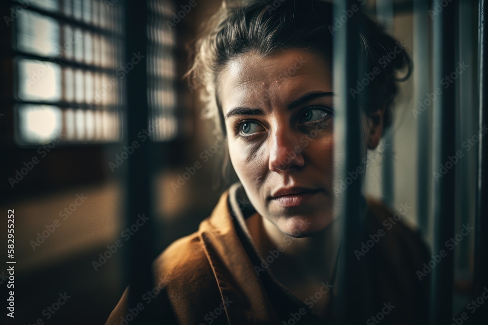 A woman in prison gazes out the window with a sad and lonely expression ...