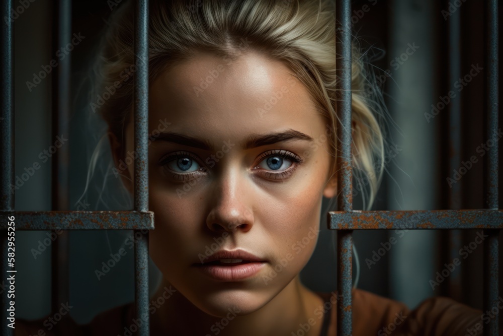 A woman in prison gazes out the window with a sad and lonely expression ...