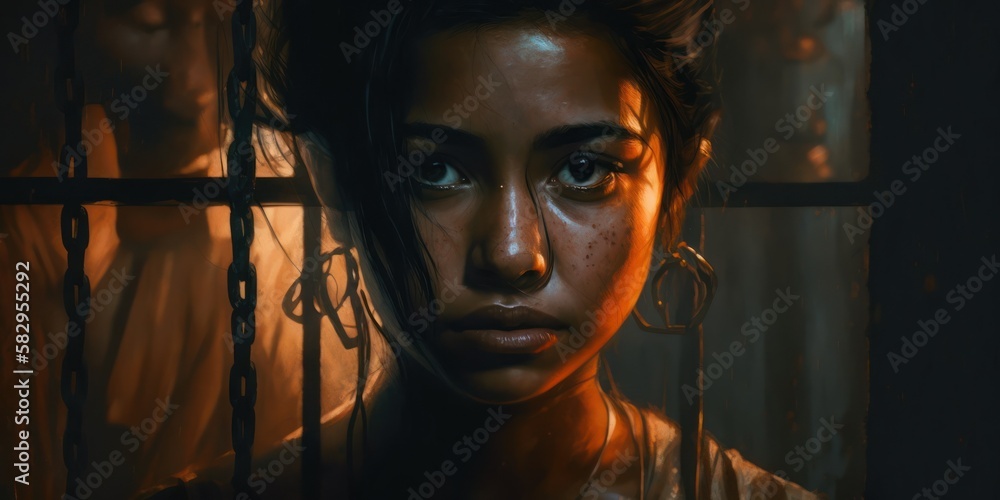 A woman in prison gazes out the window with a sad and lonely expression ...