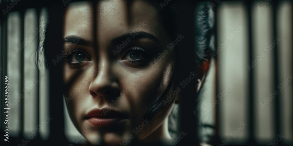 A woman in prison gazes out the window with a sad and lonely expression ...