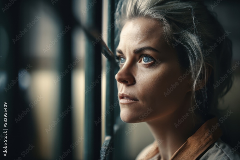 A woman in prison gazes out the window with a sad and lonely expression ...