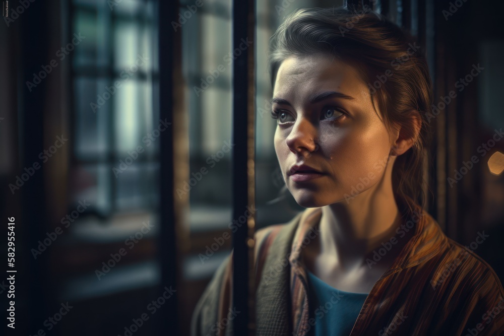 A woman in prison gazes out the window with a sad and lonely expression ...