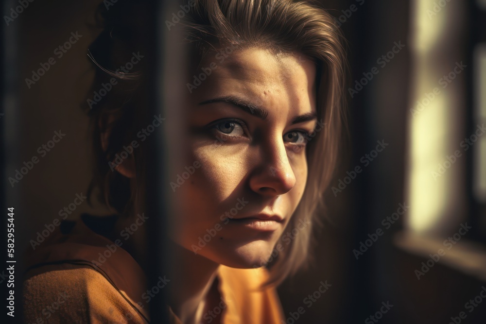A woman in prison gazes out the window with a sad and lonely expression ...