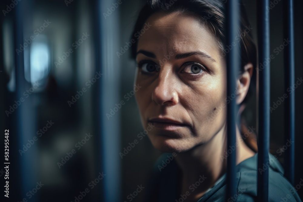 A woman in prison gazes out the window with a sad and lonely expression ...