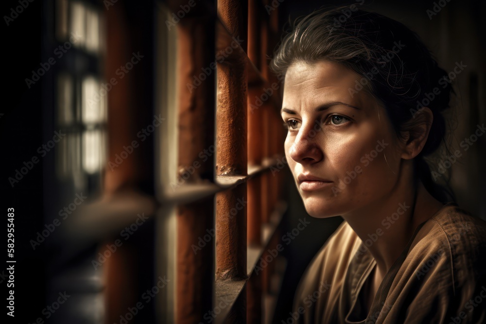 A woman in prison gazes out the window with a sad and lonely expression ...
