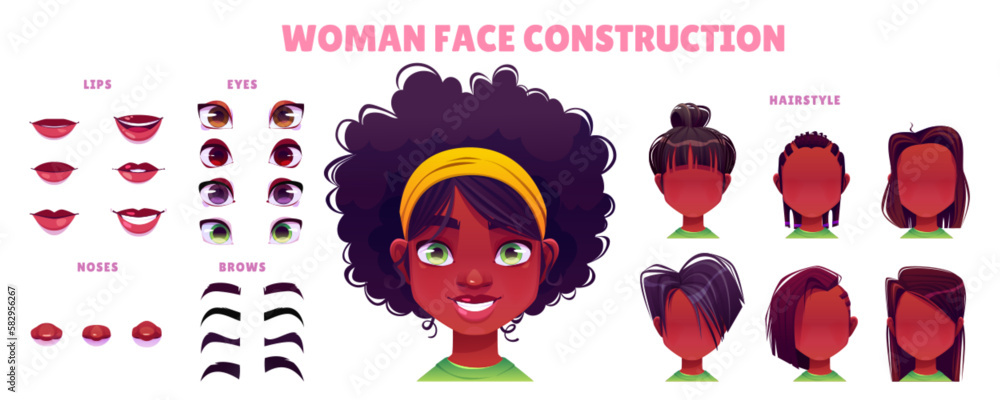 Poster Cartoon african woman face avatar construction for animation ...