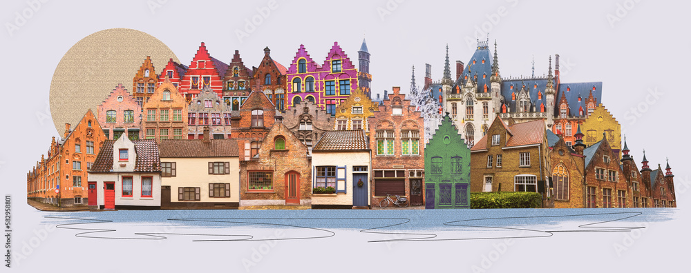 The collage from views of historic medieval buildings along a canal in ...