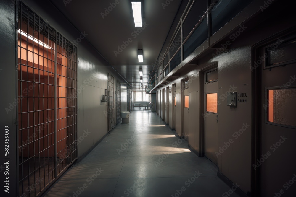 Prison corridor, jail cell and open metal bars door, empty dark ...