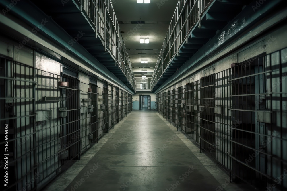 Póster Prison corridor, jail cell and open metal bars door, empty dark ...