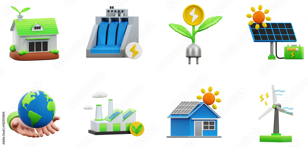 3D Ecology Icons Set Water Dam Charging Plug Solar Panels Windmill ...
