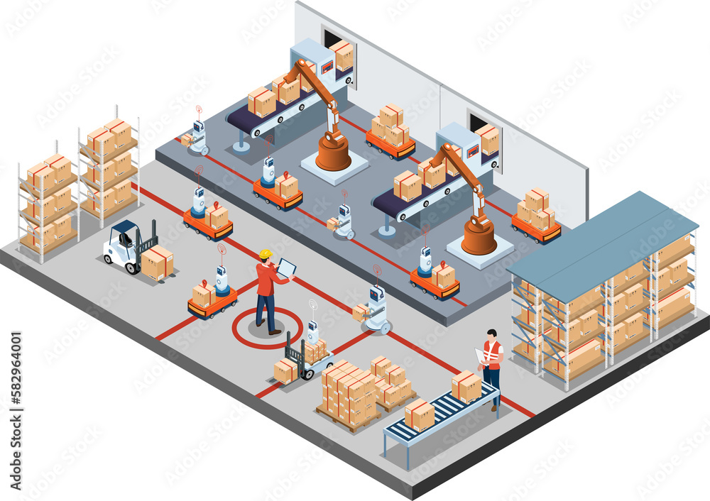 3D isometric automated warehouse robots and Smart warehouse technology Concept with Warehouse ...