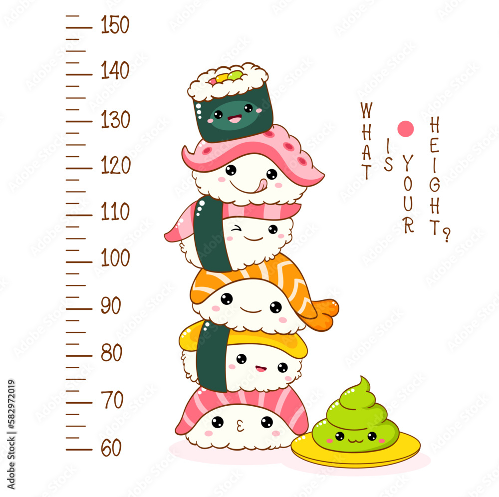 Height chart with stack of cute sushi and rolls in kawaii style with ...