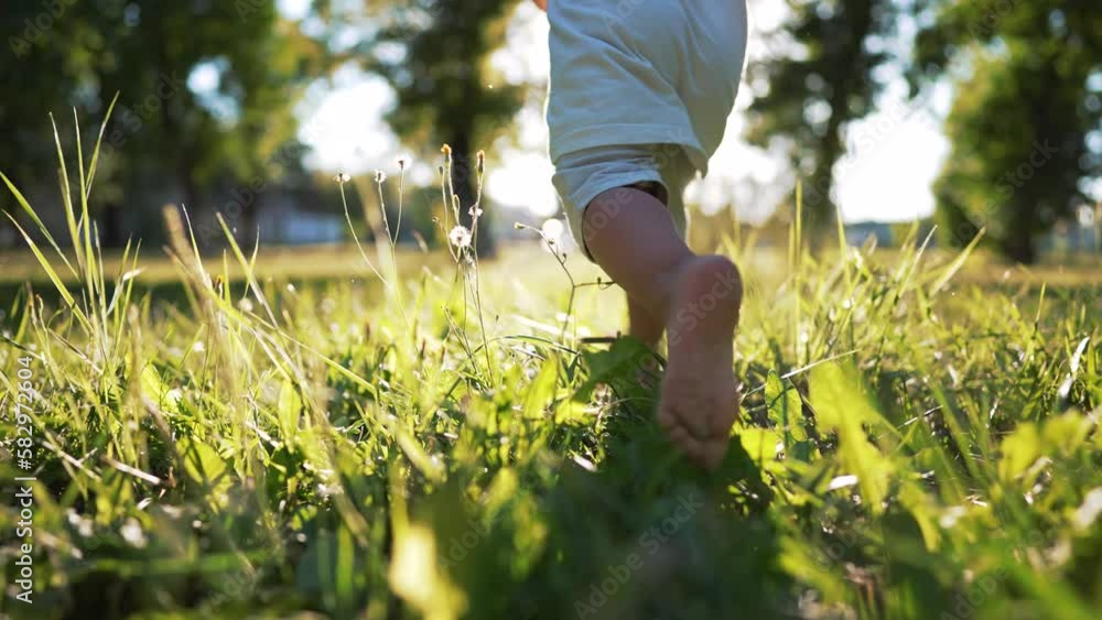 Boy kid run on grass in summer in park. Feet close up on green grass in ...