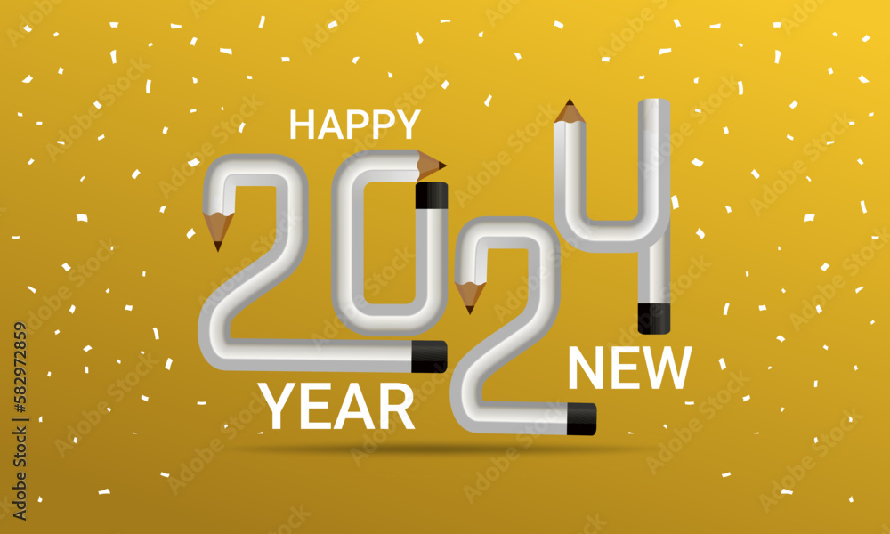 Happy New Year 2024 lettering calligraphy text design template, pencil ...