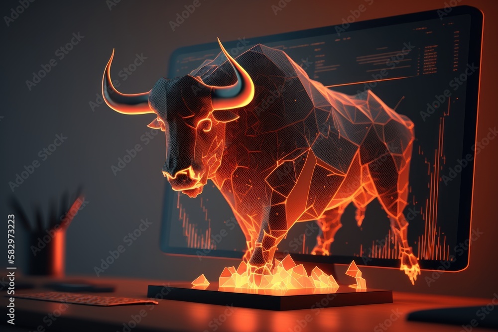 Fire sculpture of bull in front of computer screen, Bullish divergence ...