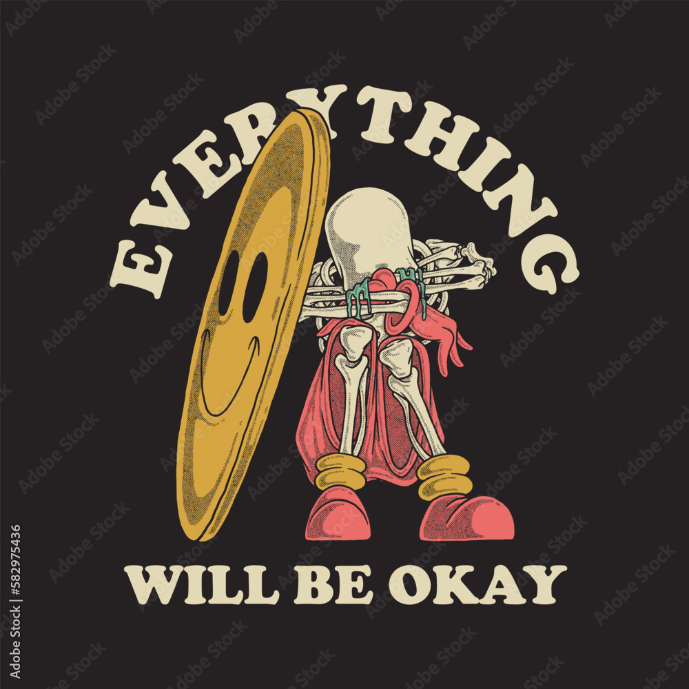 cartoon emblem of skull crying behind a smiley emoticon with retro ...