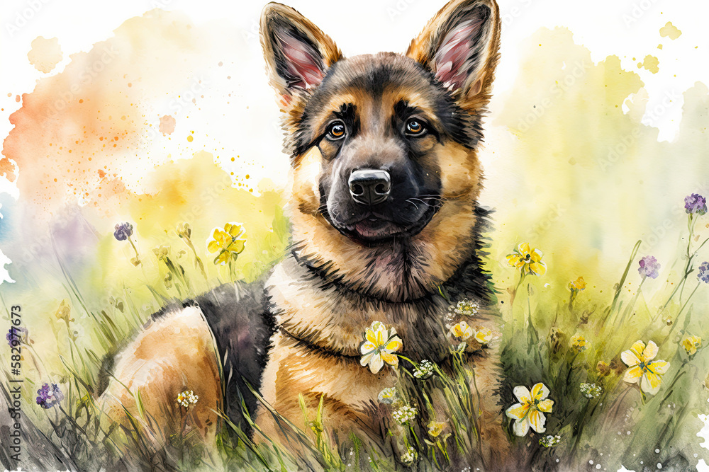 German shepherd puppy. generative ai. Spring dog portrait. Portrait of ...