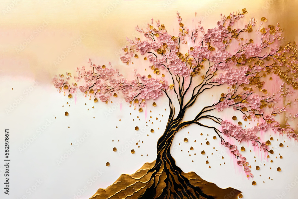 Blossom sakura tree with falling petals pastel pink and gold colors ...