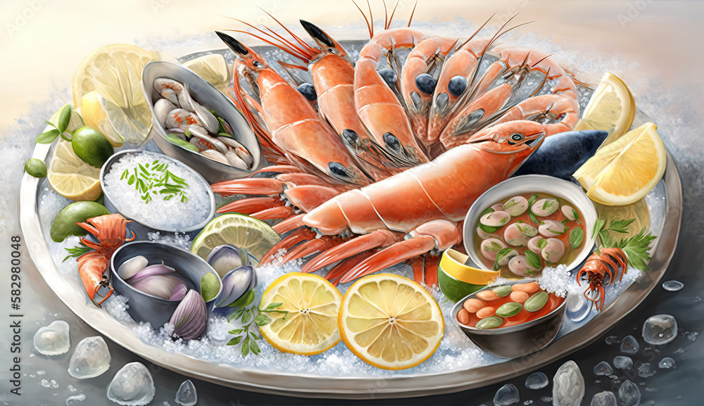 Platter of fresh seafood, including shrimp, mussels, clams, and crab on ...
