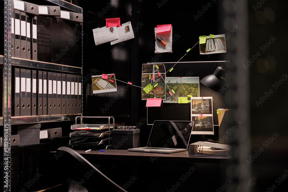Private detective empty workplace with crime case evidences board ...