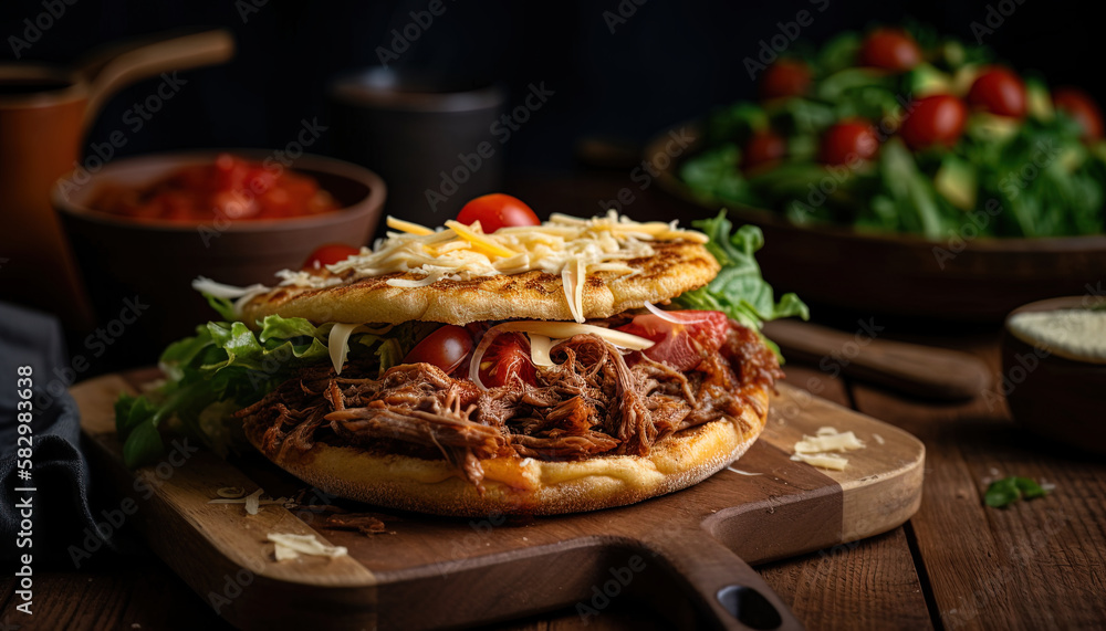 Artisanal arepa columbian food: Arepa with shredded meat Stock ...