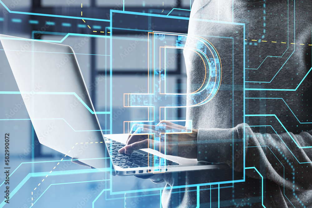 Close up of hacker hand using laptop with glowing linear ruble hologram ...