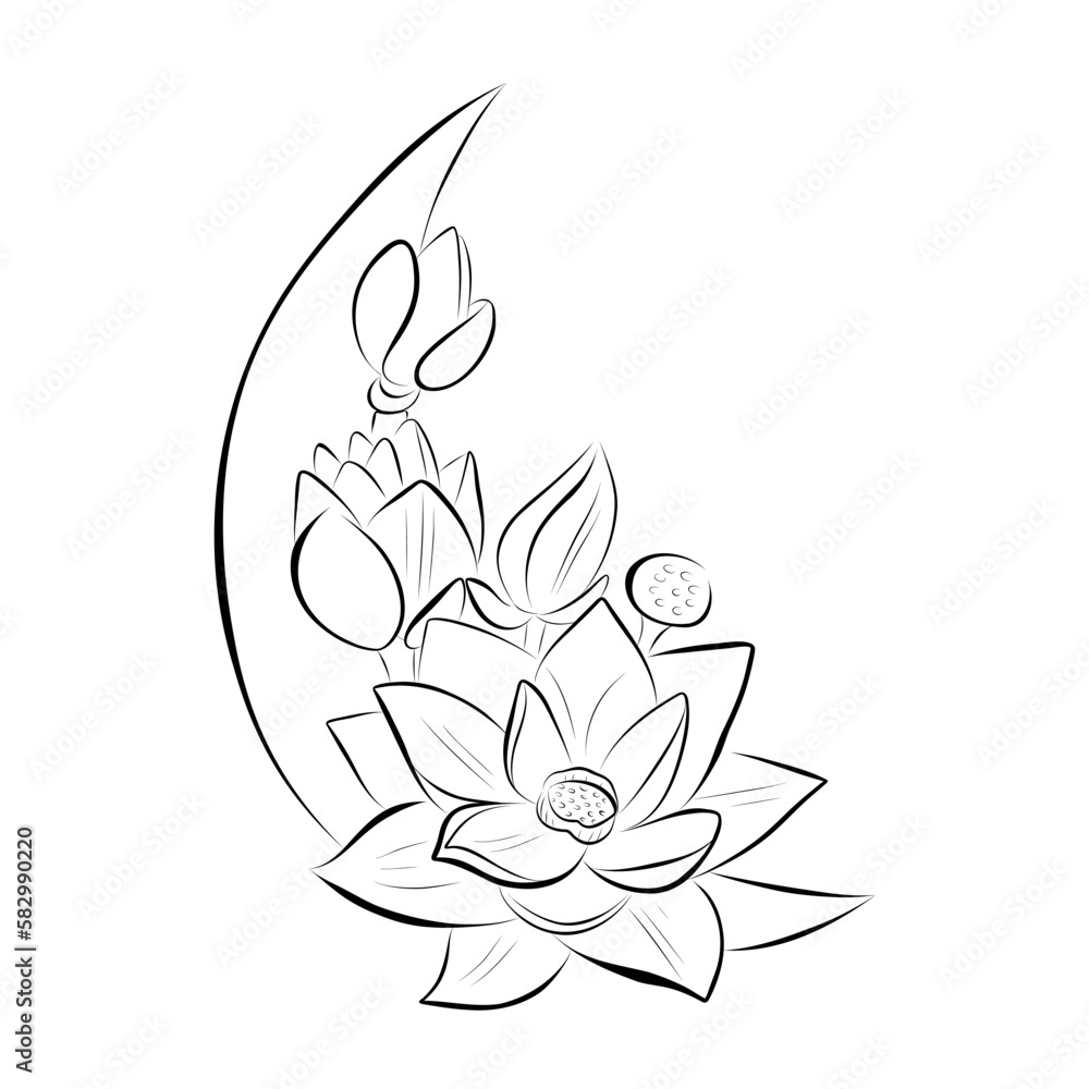 Continuous line drawing. line art lotus with moon Stock Vector | Adobe ...
