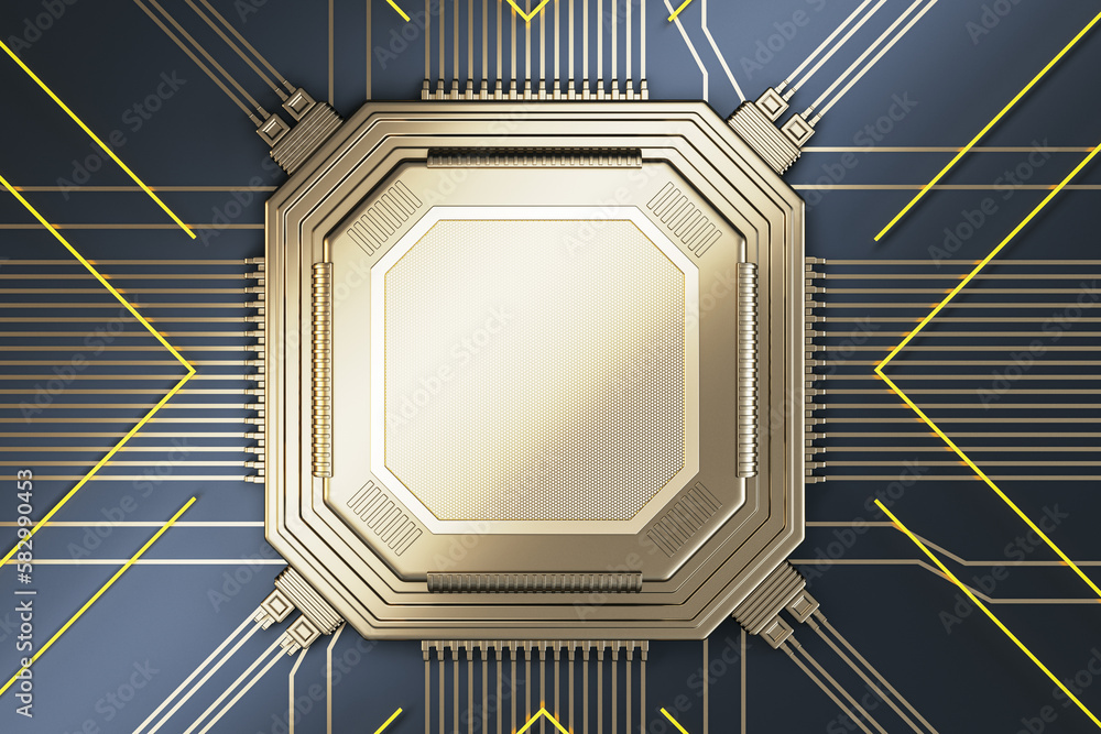 Abstract blank golden chip on metal backdrop with lines. Mock up place ...
