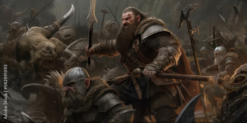A Dwarf King In The Midst Of A Fantasy Medieval Battle Heavily Armoured Dwarves Wielding