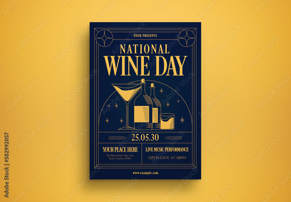 Gold Art Deco National Wine Day Flyer Layout Stock Template | Adobe Stock