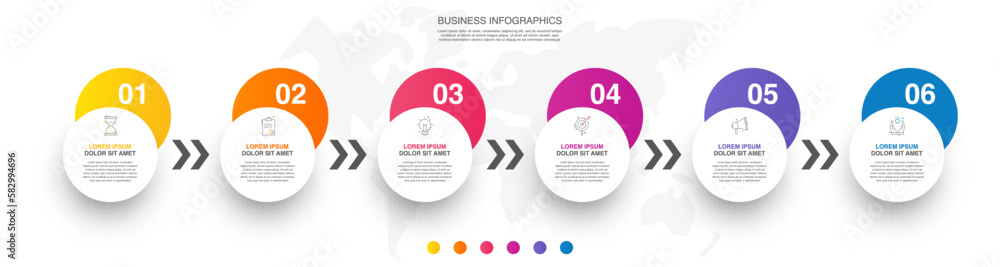 Vector infographics or timeline six circles cards connected by arrows ...