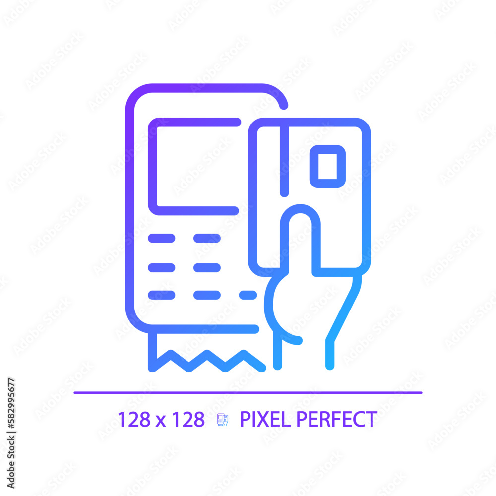 Hand with EDC device pixel perfect gradient linear vector icon. POS ...