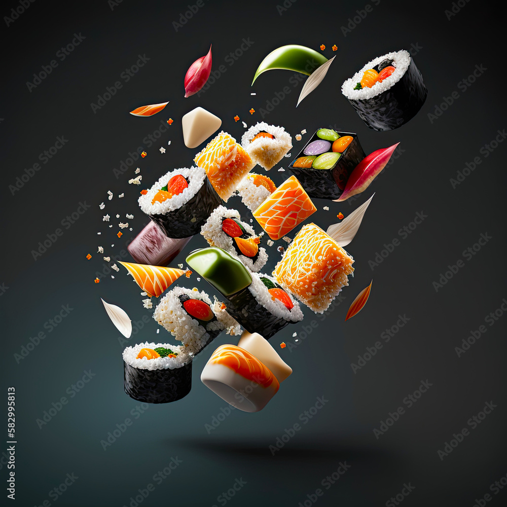 Image of a composition of various types of sushi suspended in the air ...