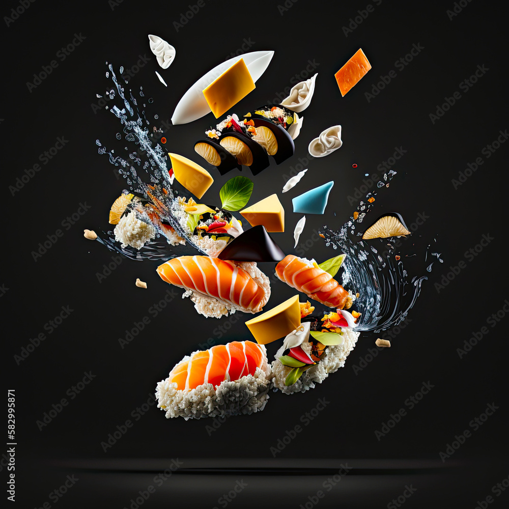 Image of a composition of various types of sushi suspended in the air ...