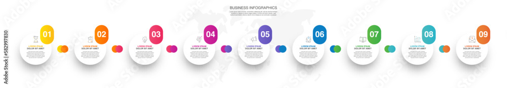 Vector line infographics with 9 circles. Business concept graphic ...