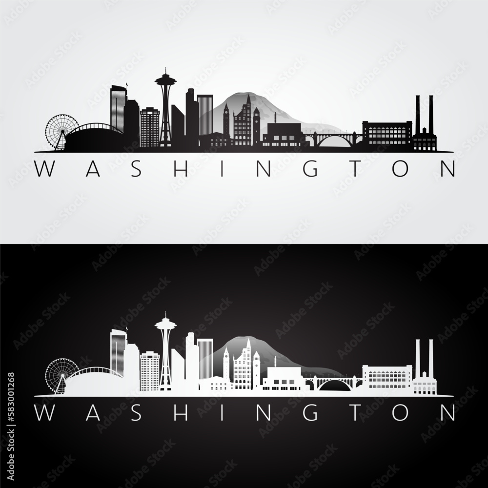 Washington state skyline and landmarks silhouette. WA state black and ...