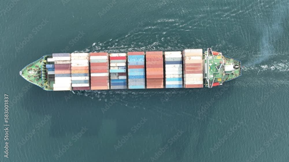 Large container ship at sea. Top down view. Aerial top view of cargo ...