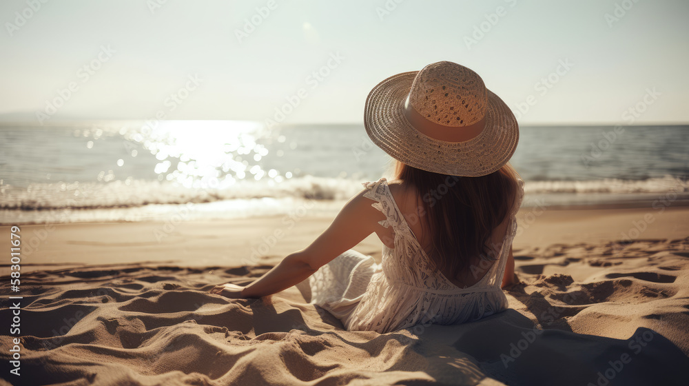Urlaub am Meer - Frau sitzt am Strand und blickt aufs Meer, Generative ...