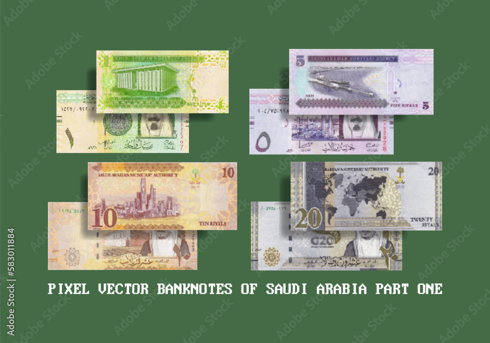 Vector set of pixelated mosaic Saudi Arabian banknotes. Banknotes in ...