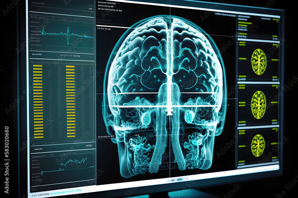 Patient's brain scan results on screen, DNA mutation, virus detection ...